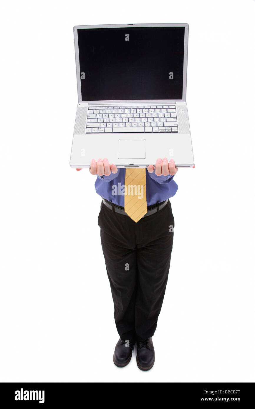 Businessman holding laptop over his face Stock Photo - Alamy