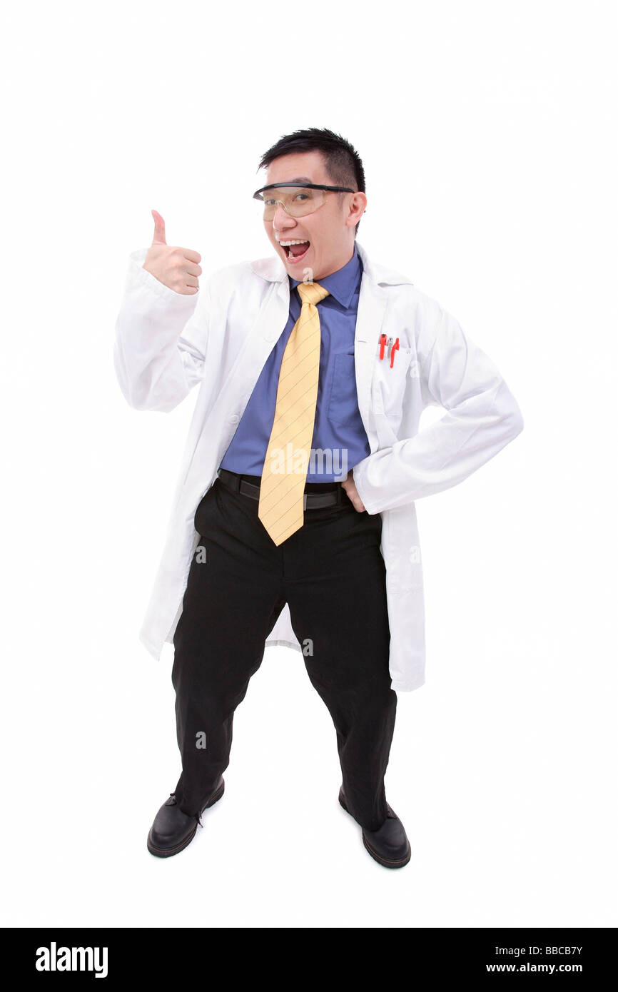 Doctor in lab coat giving thumbs up sign Stock Photo - Alamy