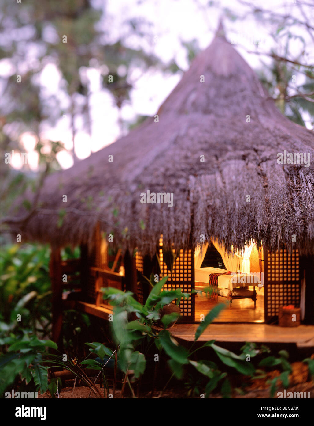 Philippines, Boracay, Mandala Spa, Massage pavilion at dusk. (grainy ...