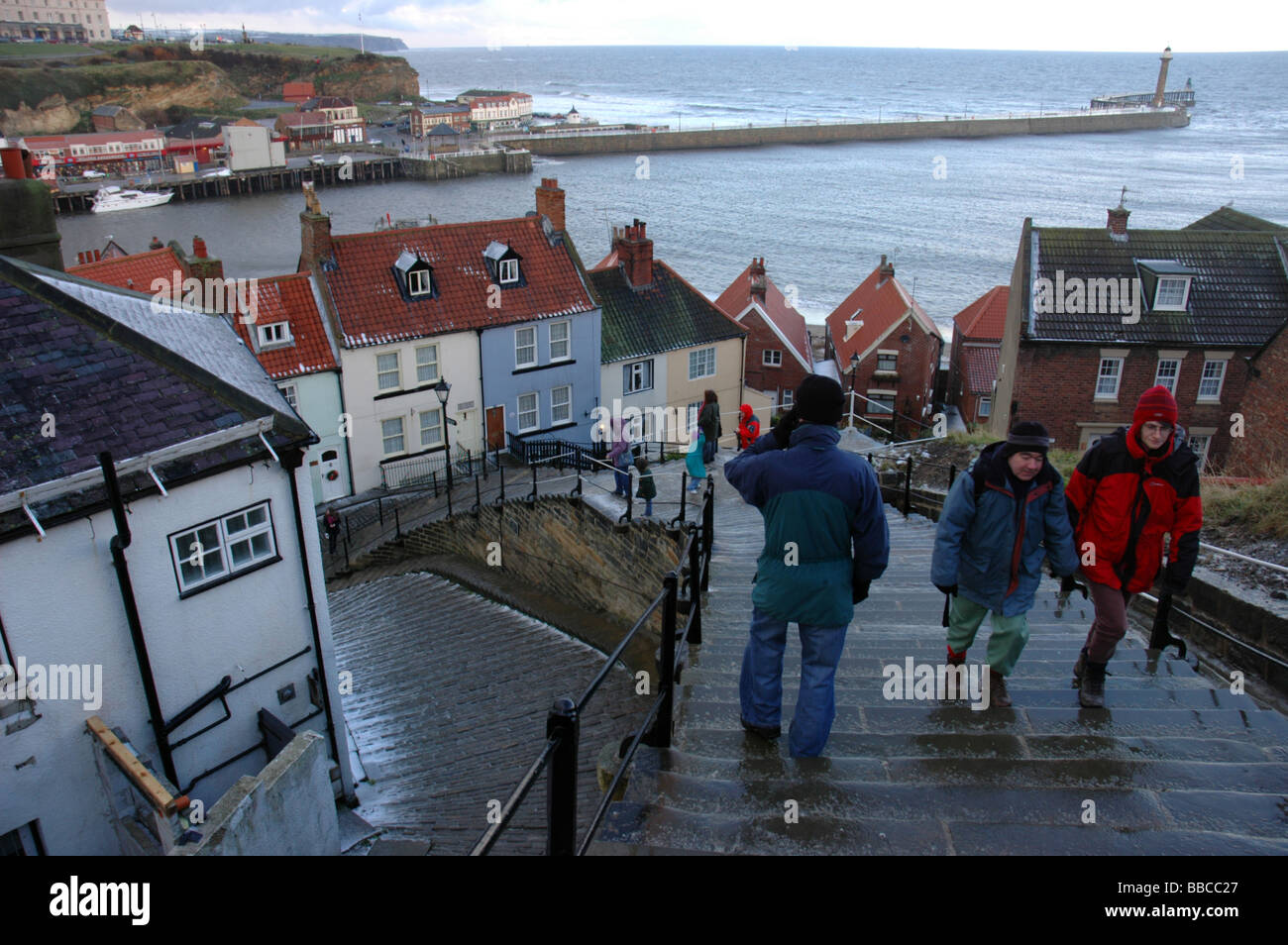 A winter view Whitby Harbour and town from the 199 Whitby Abbey Steps ...
