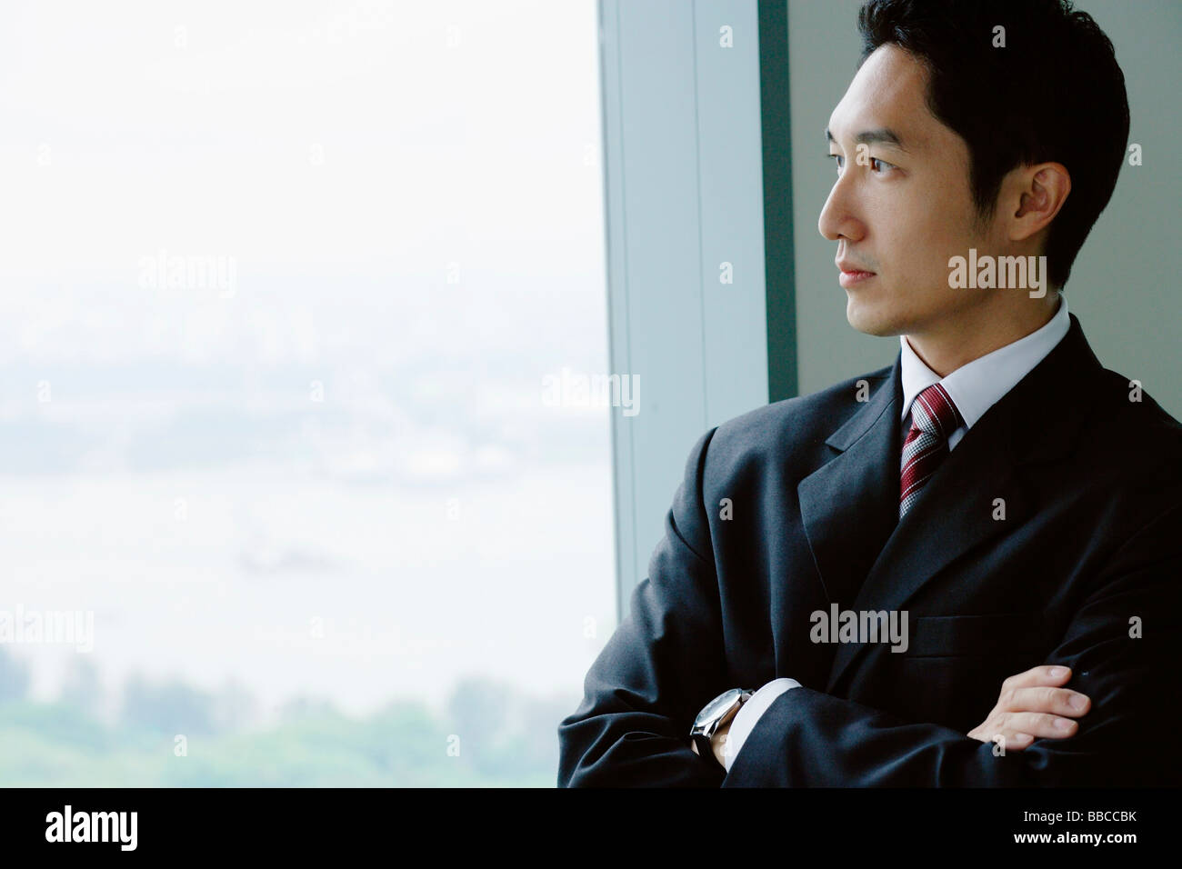 Businessman standing next to window Stock Photo - Alamy