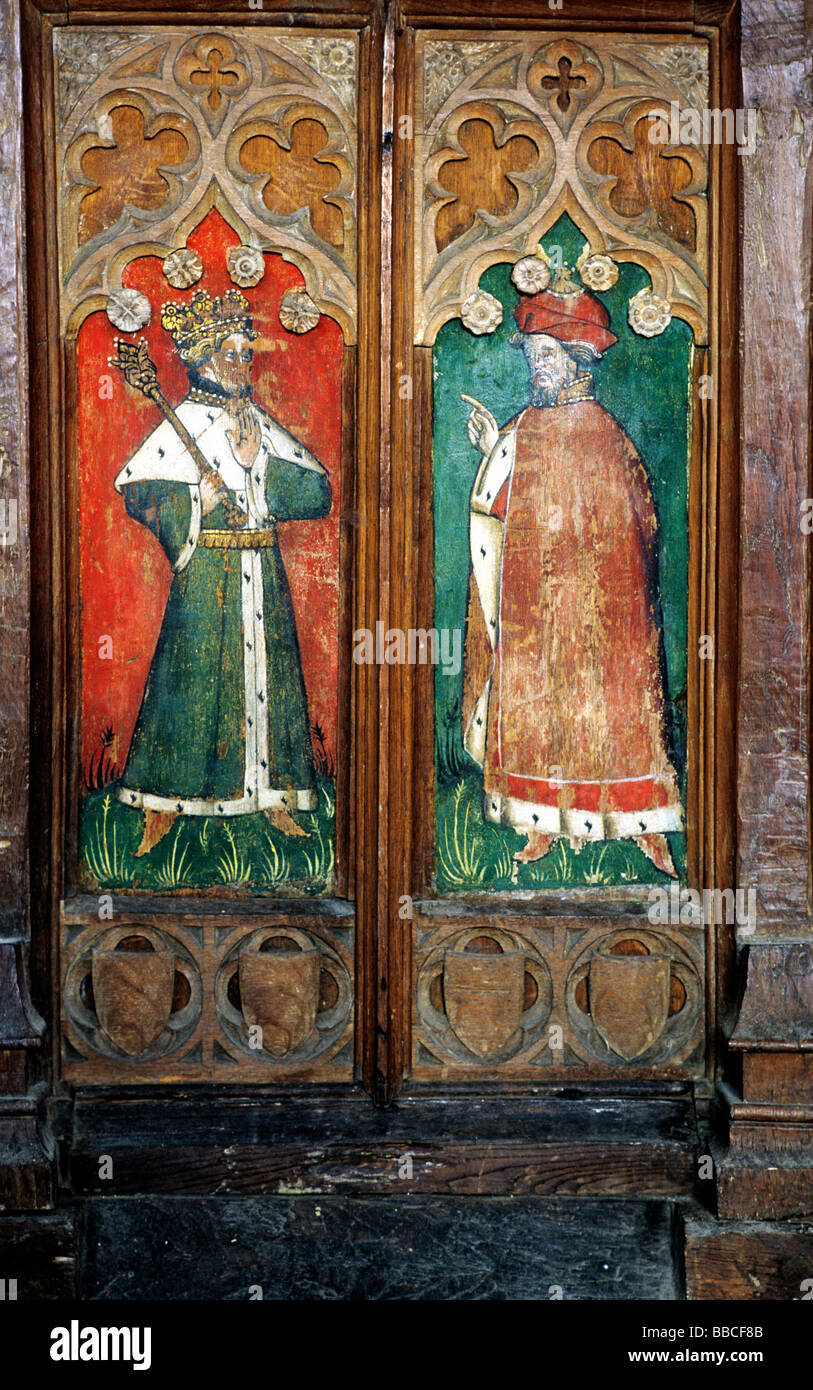 Medieval rood screen painted figures on dado Kersey Suffolk East Anglia ...