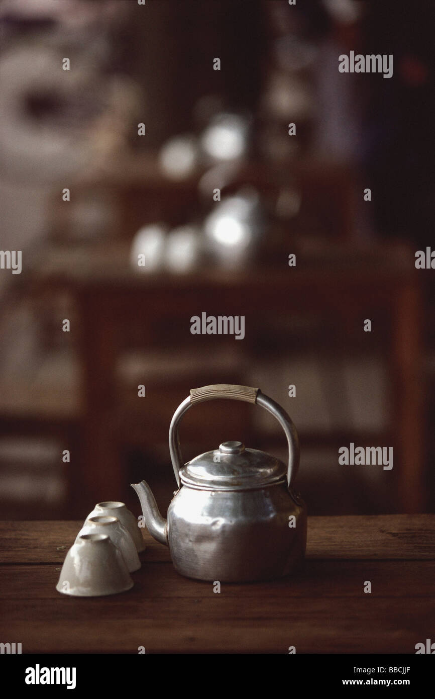 Myanmar (Burma), Pyay, Teapot and upturned cups at roadside teashop ...