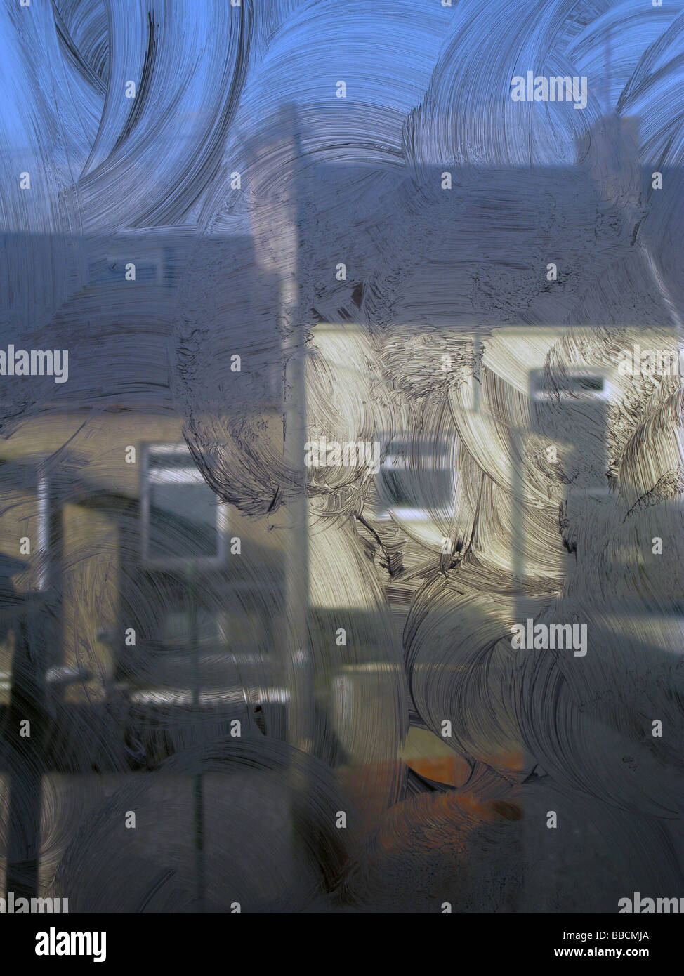 property window with white wash pattern and houses Stock Photo - Alamy