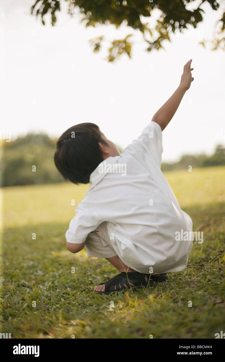 Young boy crouching on lawn, pointing up Stock Photo - Alamy