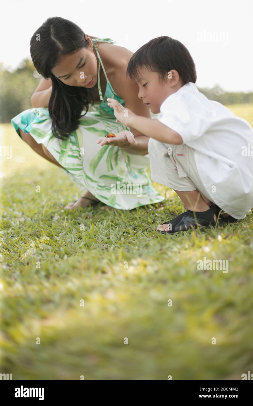 Mother and son crouching on lawn, looking at a seed Stock Photo - Alamy