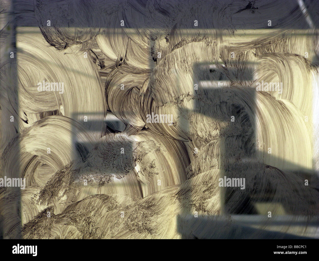 property window with white wash pattern and houses Stock Photo - Alamy