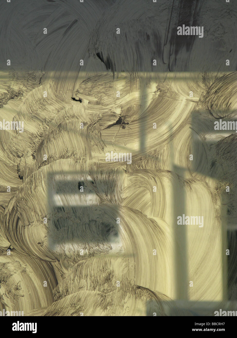 property window with white wash pattern and houses Stock Photo - Alamy