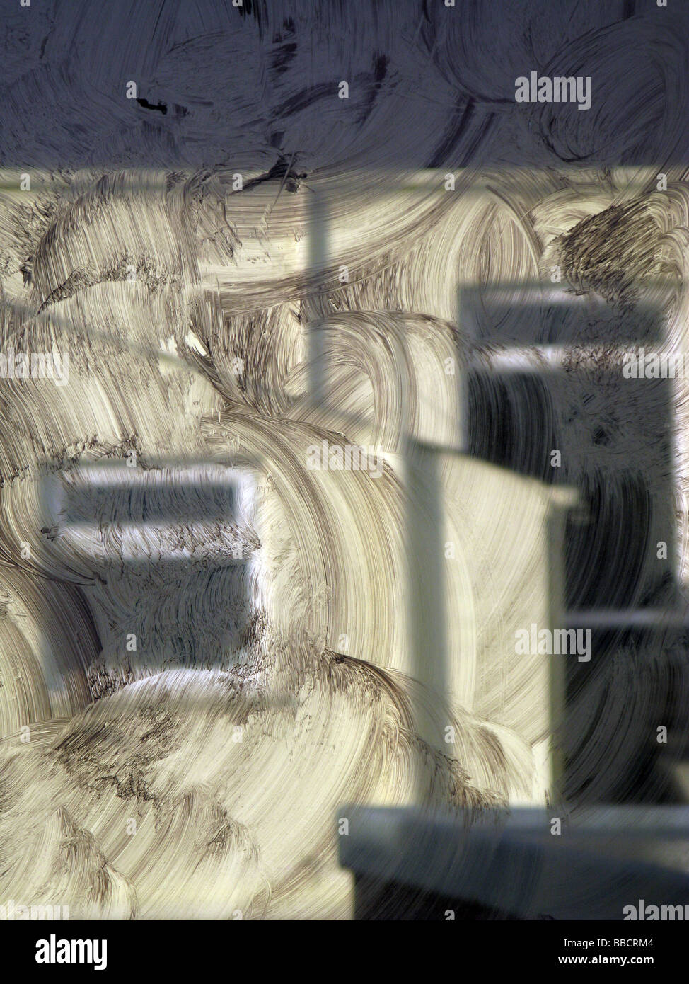 property window with white wash pattern and houses Stock Photo - Alamy