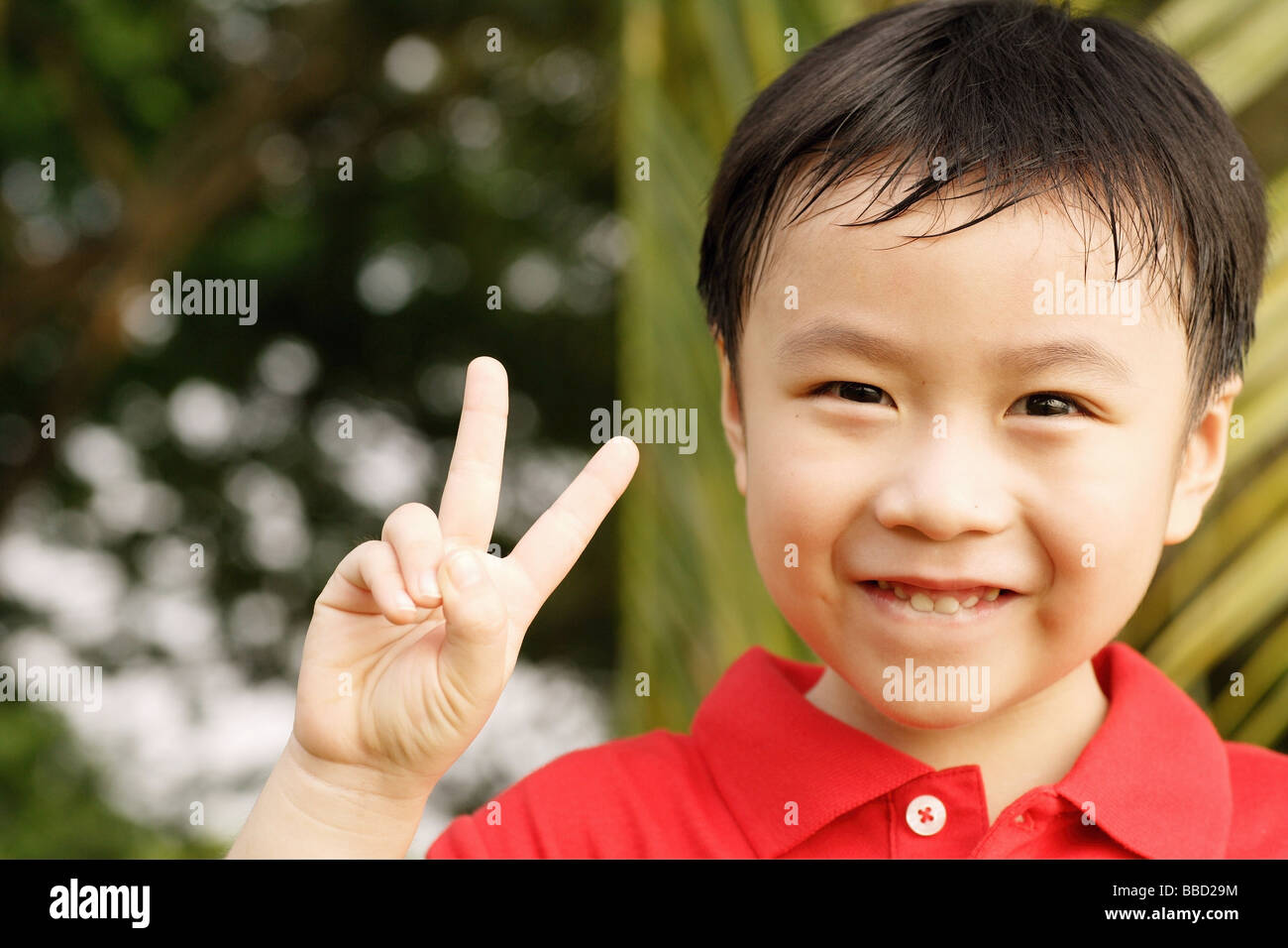 Young boy looking at camera, making peace sign Stock Photo - Alamy