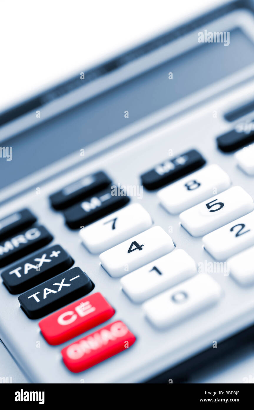 Closeup on tax calculator keypad with red black and white buttons Stock ...