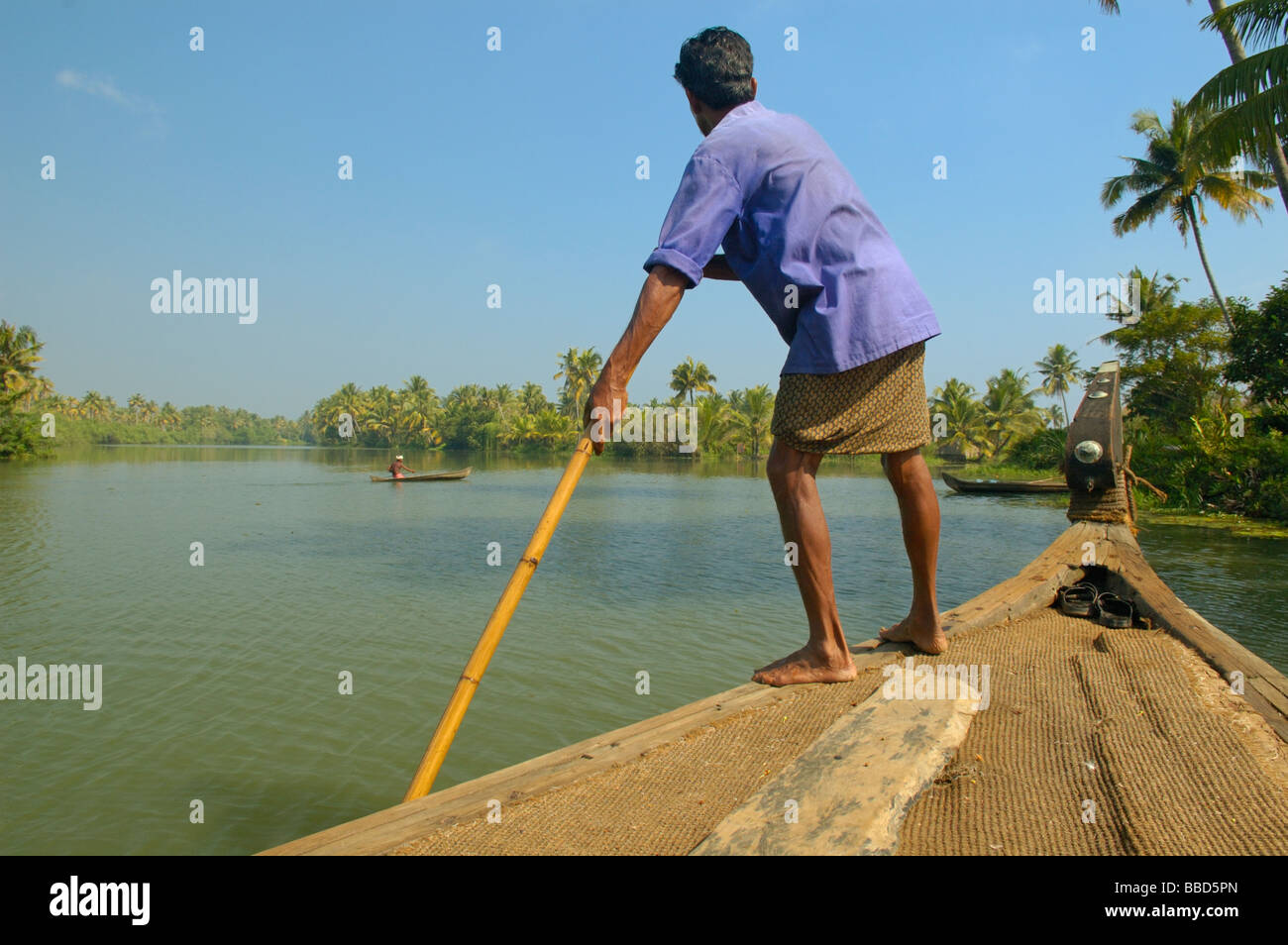 Indian boatman with a punt pole on a boat in the backwaters. Kerala ...