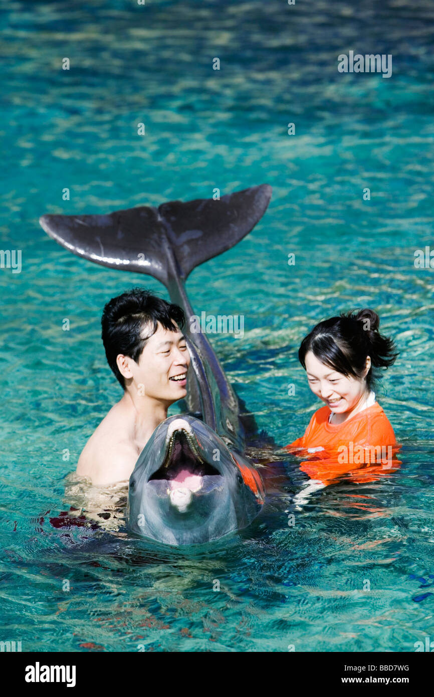 Swimming with dolphins in Moorea, French Polynesia (Tahiti Stock Photo ...