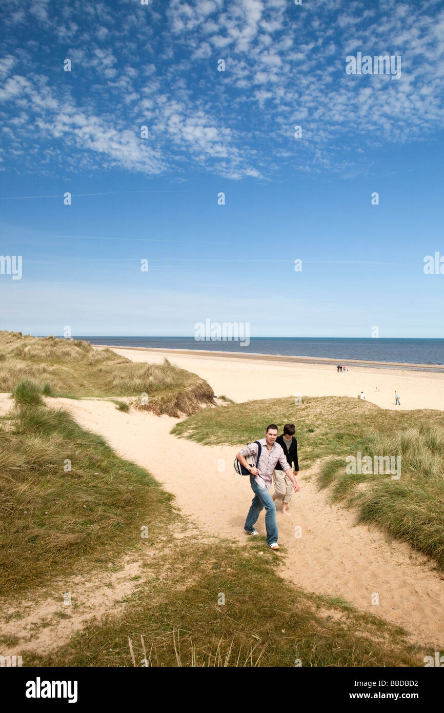 UK England Norfolk Winterton on Sea beach visitors in the sand dunes ...