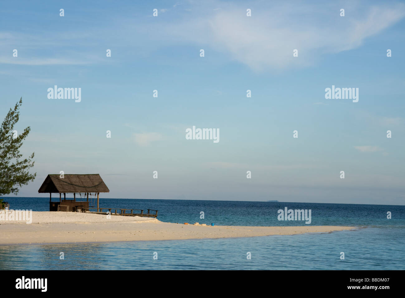 Deserted beach and hut, tropical island resort of Lankayan, Malaysian ...