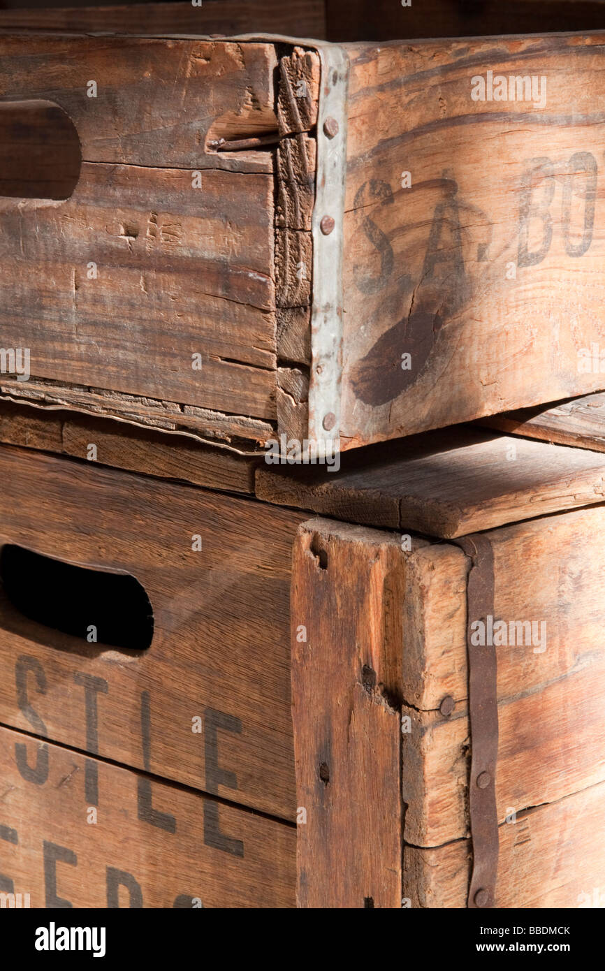 Well used wooden packing boxes for bottles Stock Photo - Alamy