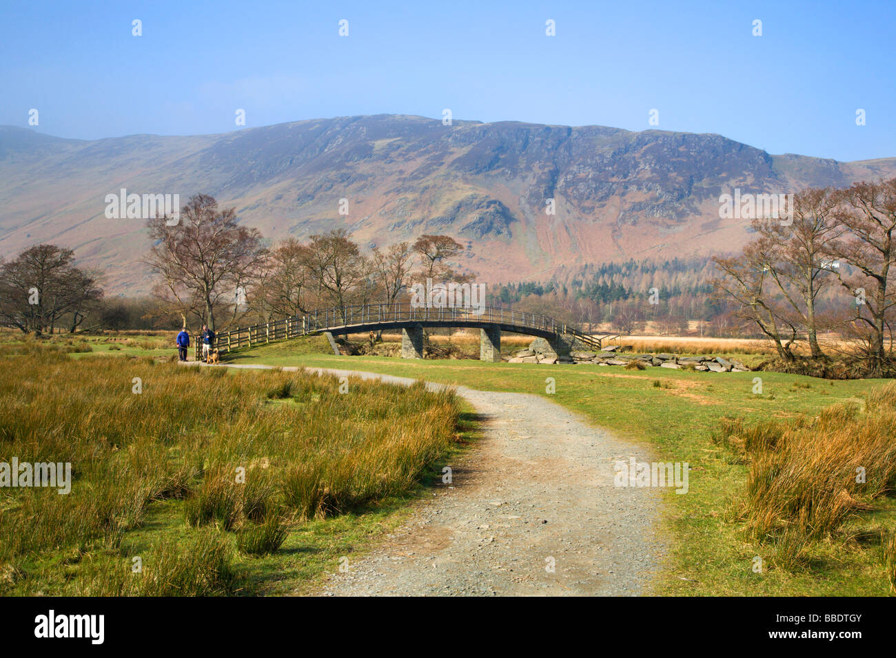 Footbridge over the River Derwent Borrowdale Valley Cumbria England ...