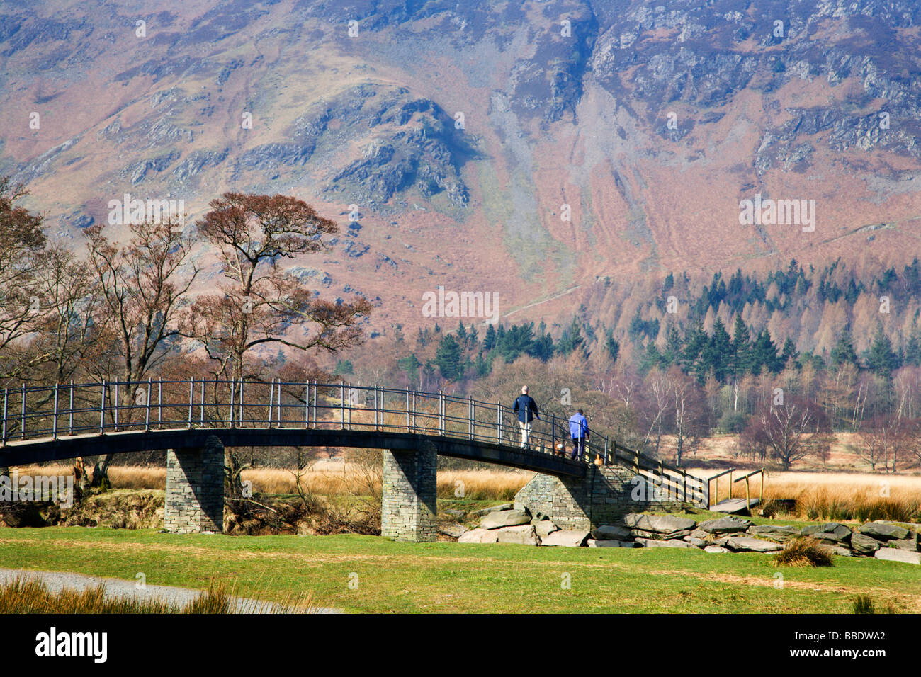 Footbridge over the River Derwent Borrowdale Valley Cumbria England ...