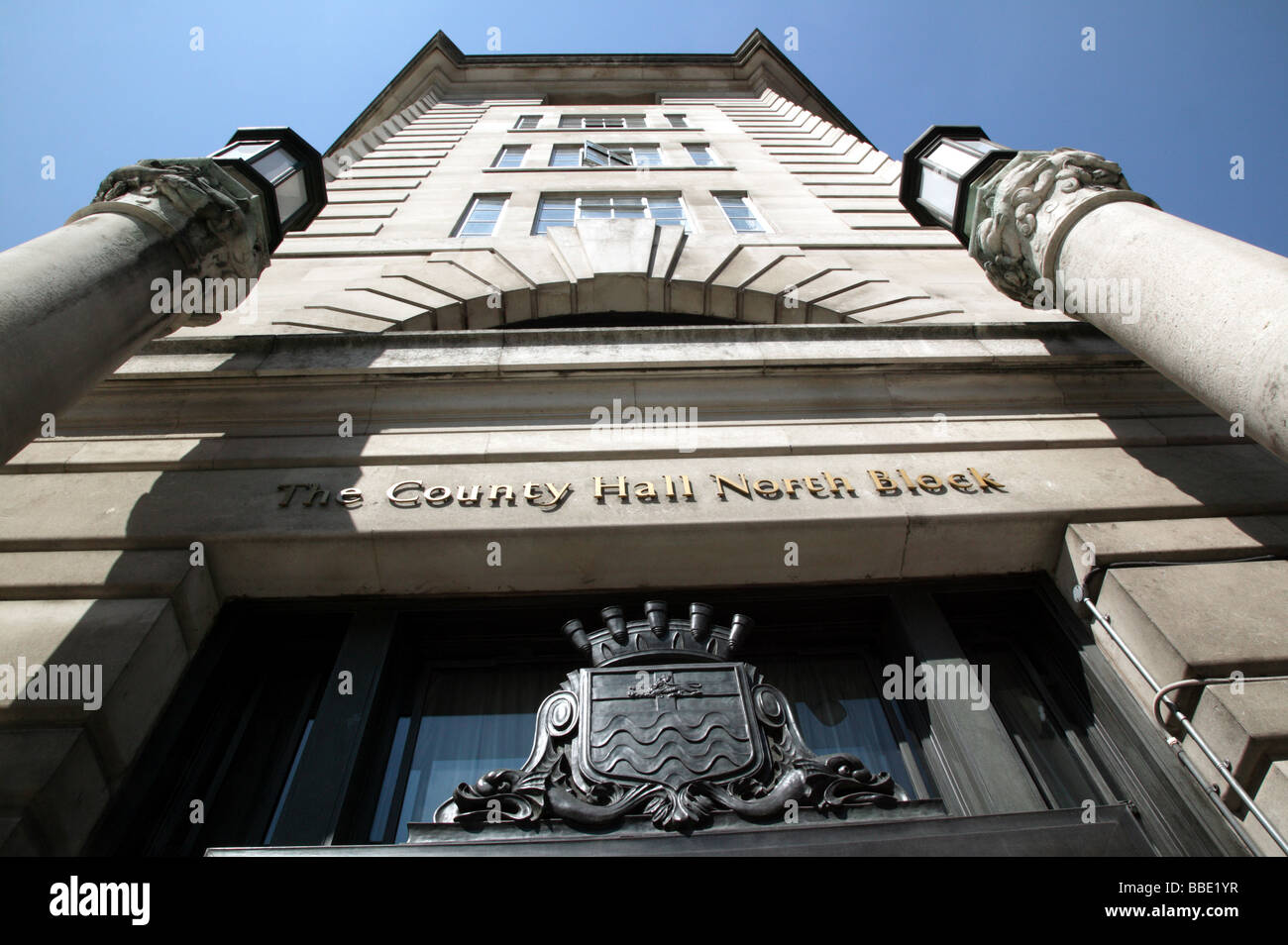 Shot looking up at the entrance to the North Block of County Hall Stock ...