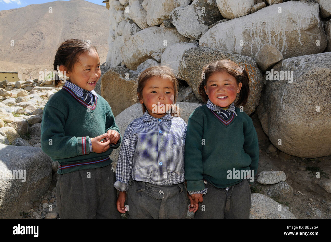 Ladakhi school children in uniform in a village at 4000m above sea ...