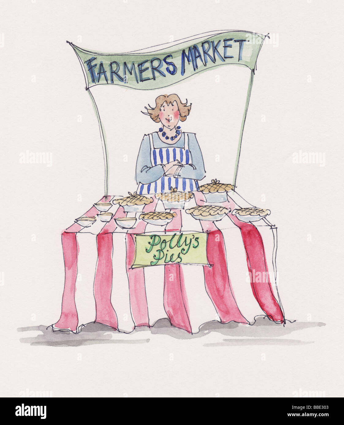 Watercolour illustration of a woman selling homemade pies at a farmers ...