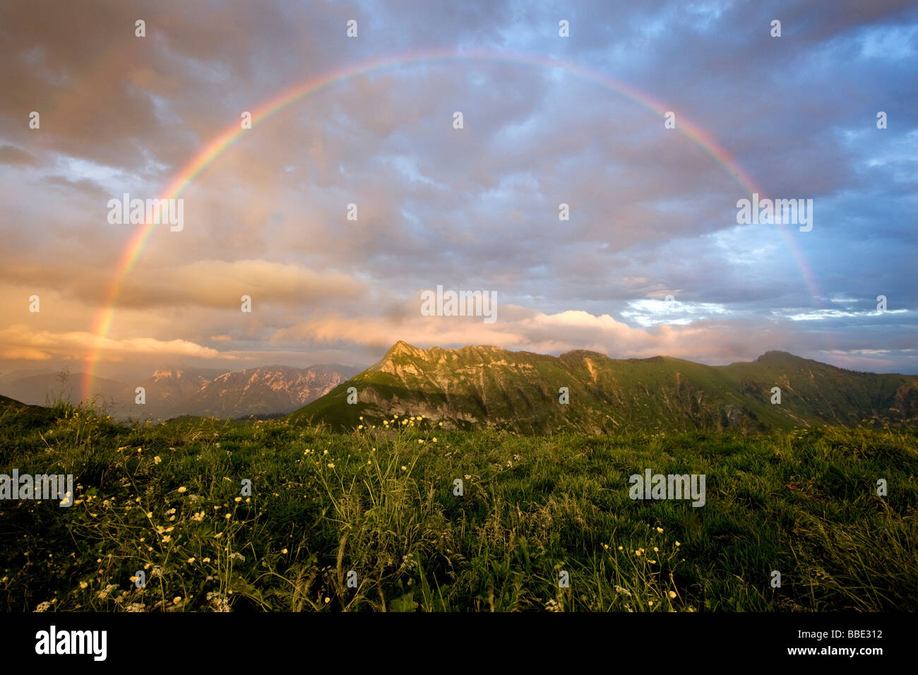 Rainbow above Karwendel Range, North Tyrol, Austria, Europe Stock Photo ...