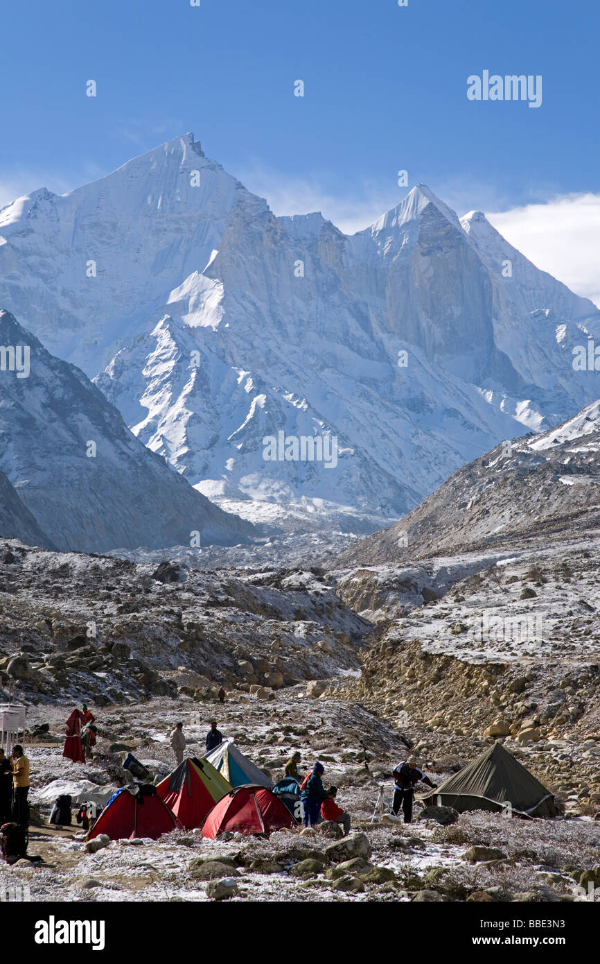 Campground. Bhojbasa. On the background the Bhagirathi mountains ...