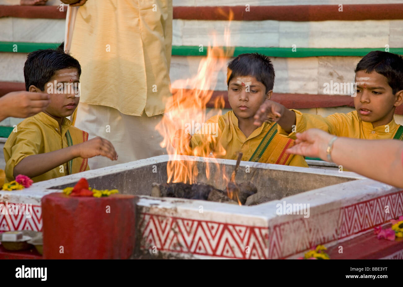 Boys and bonfire. Ganga aarti ceremony. Triveni Ghat. Rishikesh ...