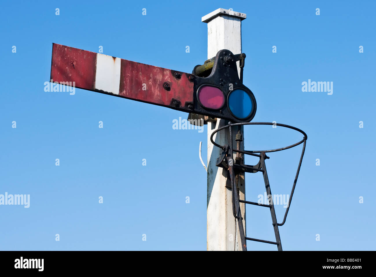 Early twentieth century British railway signal at Tanfield against a ...