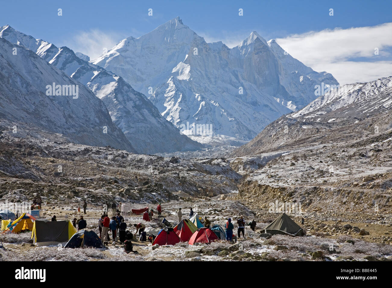 Campground. Bhojbasa. On the background the Bhagirathi mountains ...