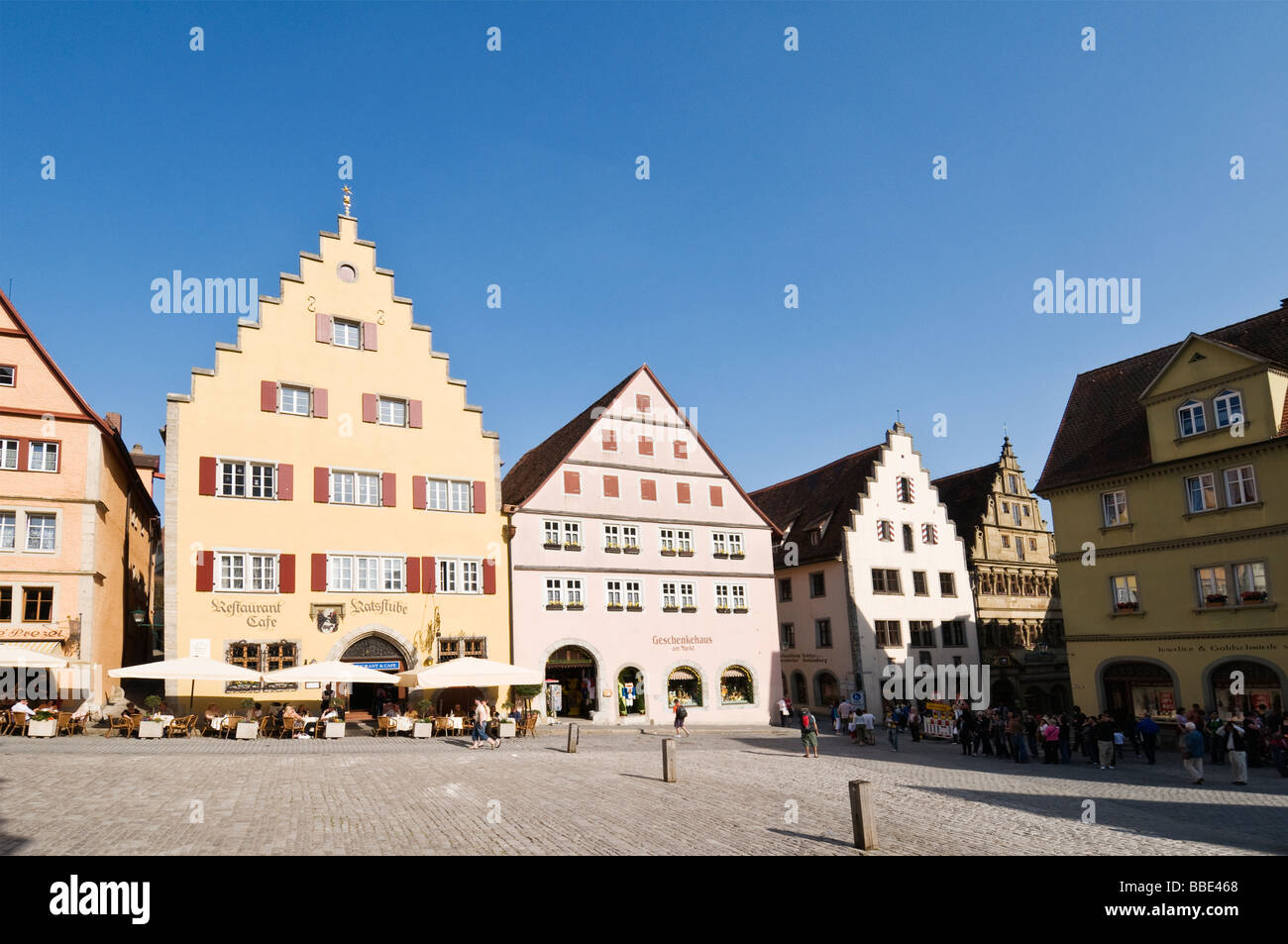 Colorful architecture of historic city center, Rothenburg ob der Tauber ...