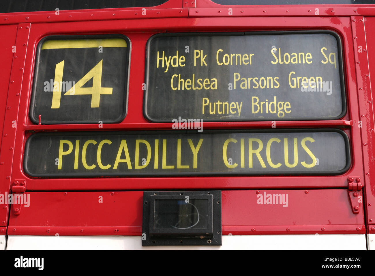 Vintage London Red bus with Piccadilly Circus destination UK Stock ...