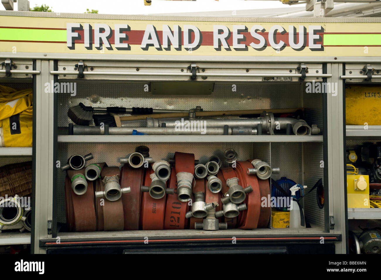 Old fashioned Fire and Rescue equipment on a fire engine from the 1970 ...