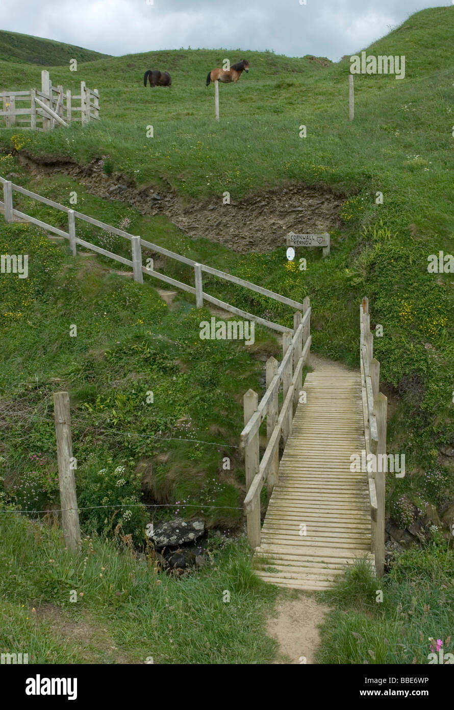 South west coast path Footbridge crossing at Marsland Mouth on the ...