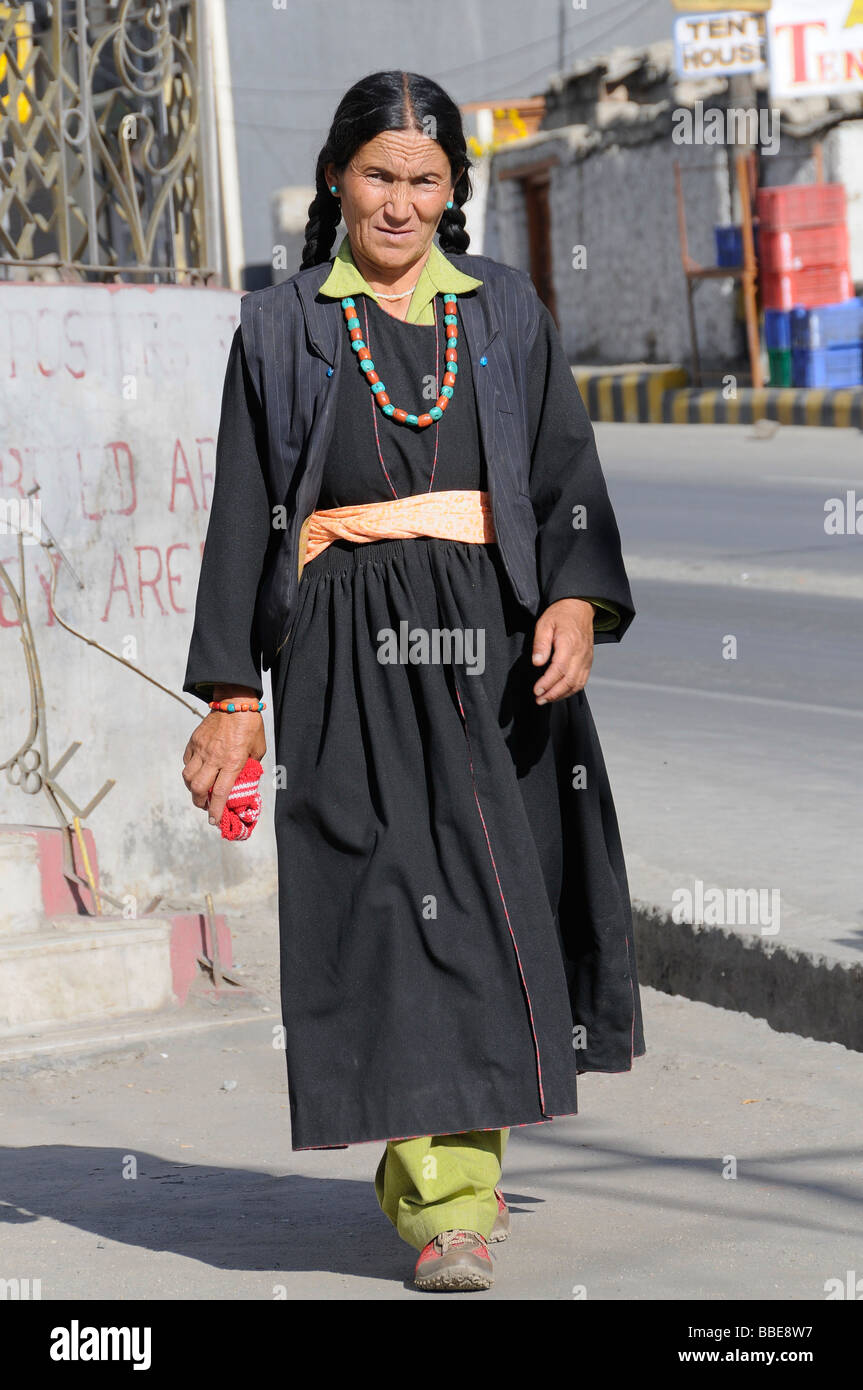 Ladakhi woman in traditional garb, Leh, Ladakh, Northern India, the ...