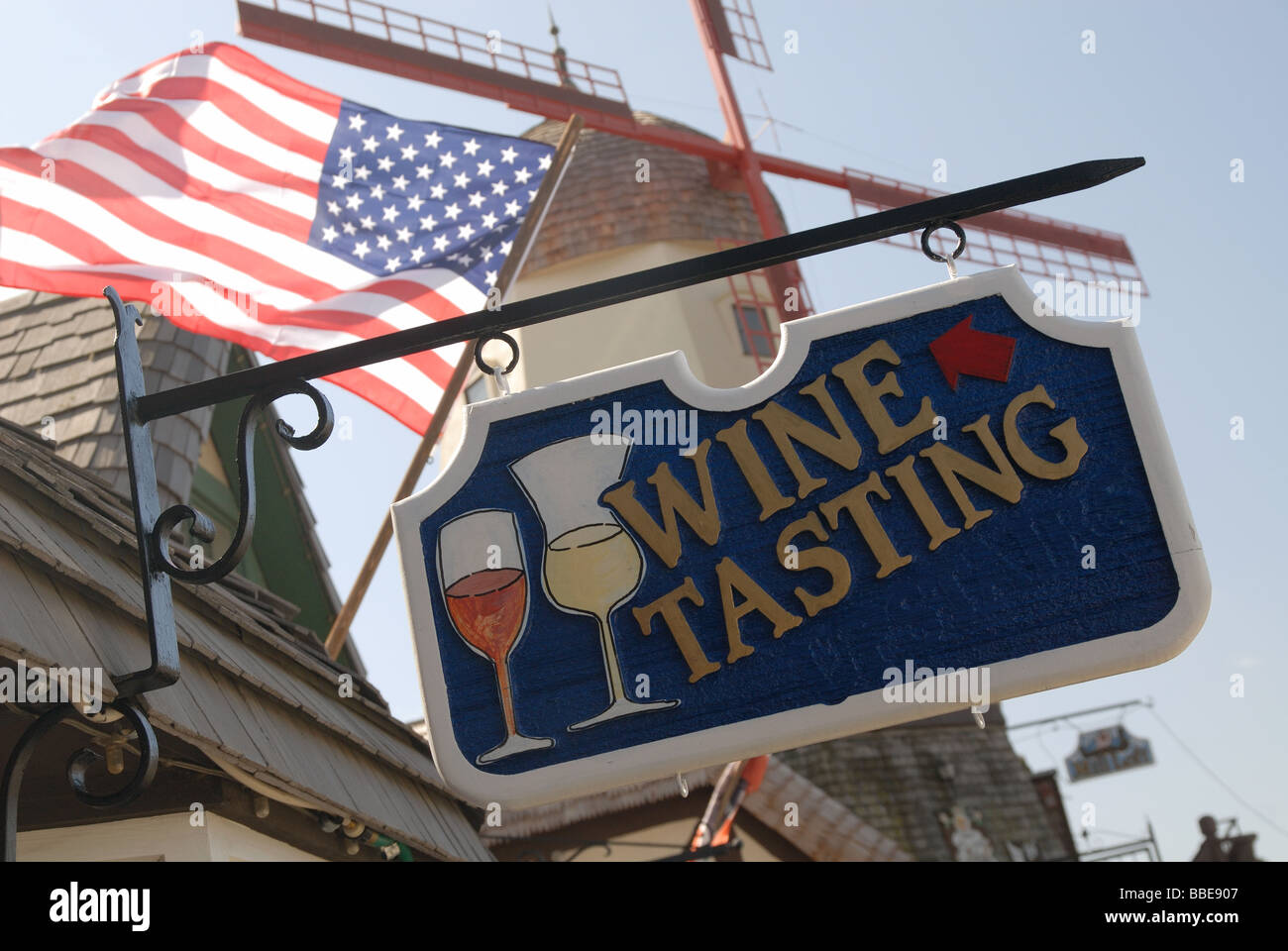 A wine tasting sign in Solvang, California Stock Photo - Alamy
