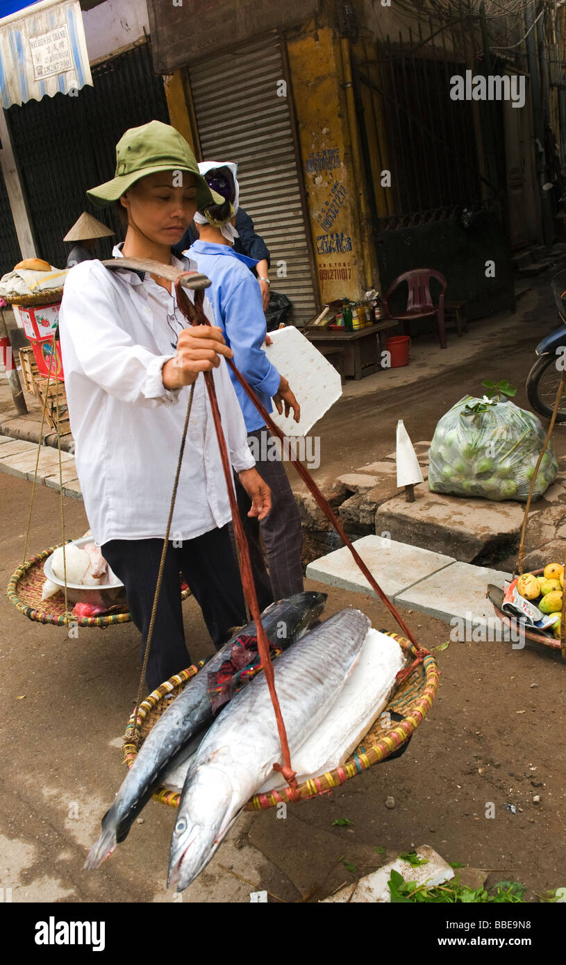 Street hawker carry baracuda fish to sell around old Quarter, Hanoi ...