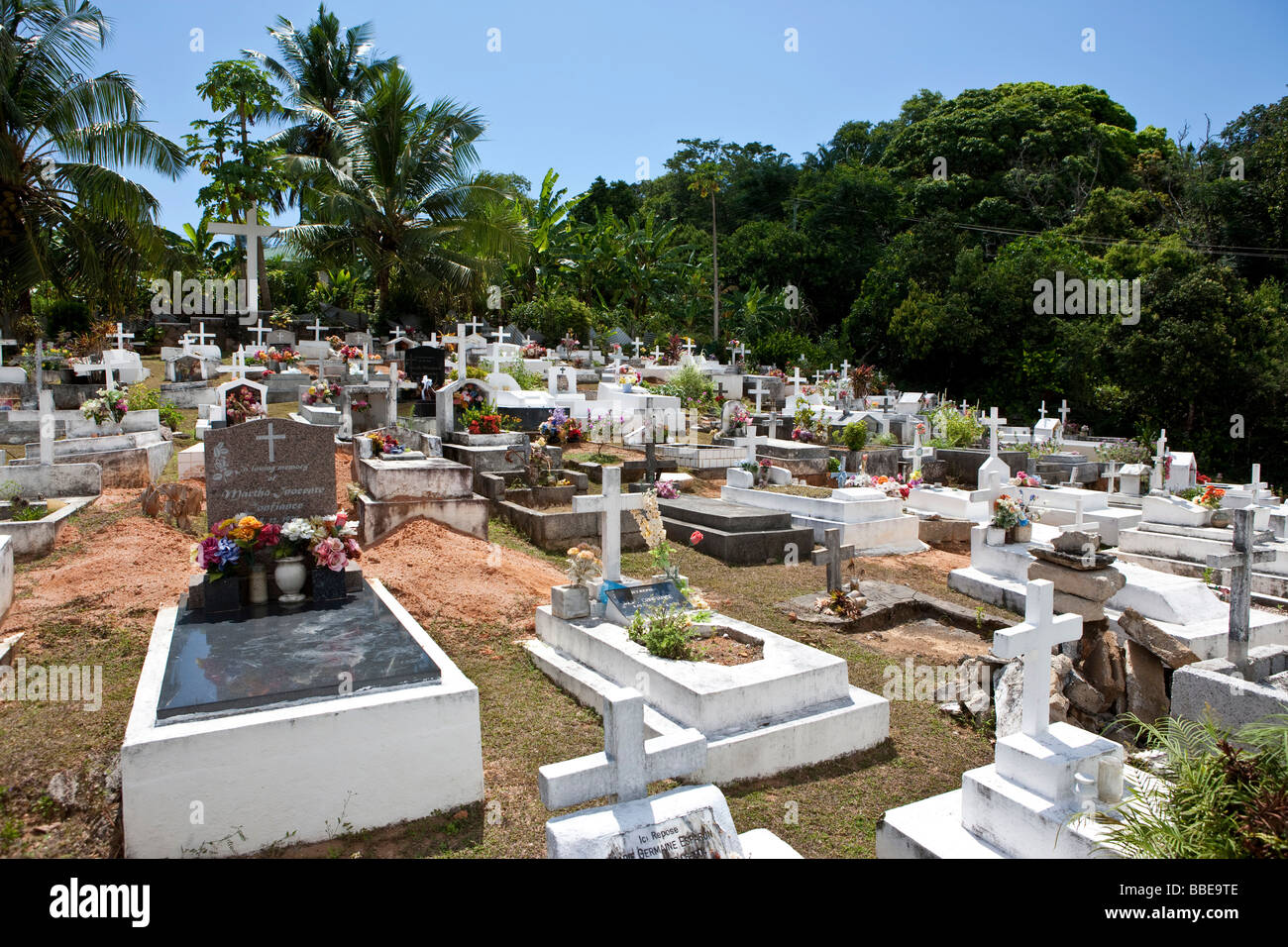 Colorful cemetery in the south-west of Mahe Island, Seychelles, Indian ...