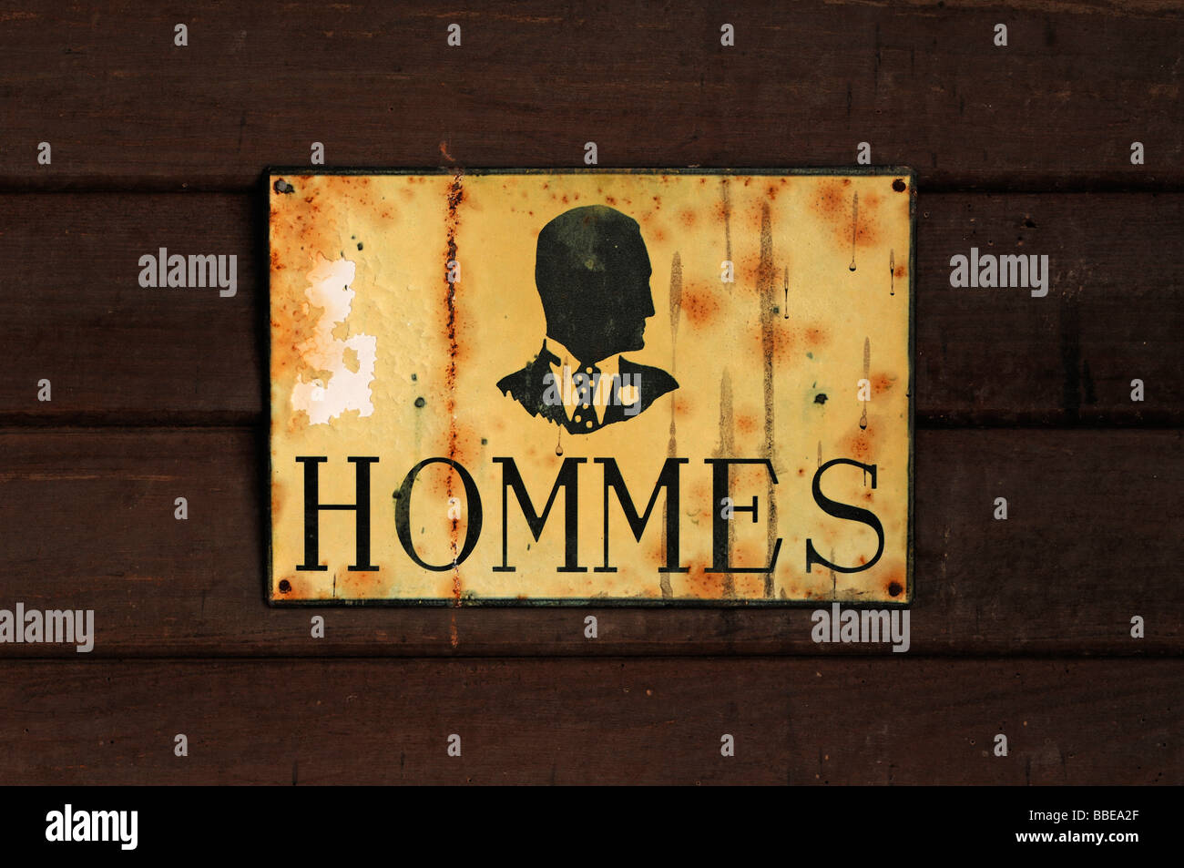 Old French toilet sign "Hommes", Schoppenwihr, Alsace, France, Europe ...