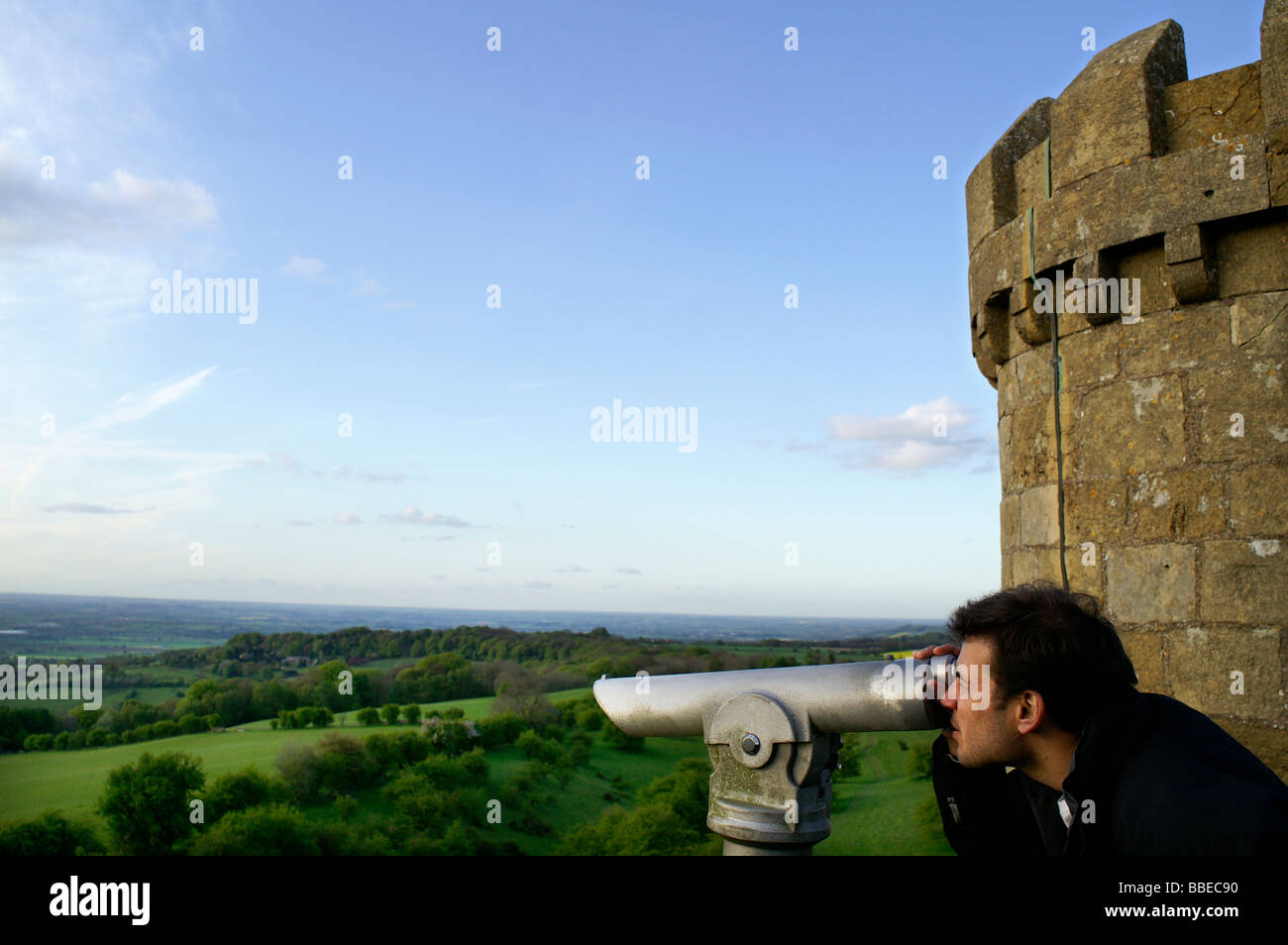 Man on the Broadway Tower looking through telescope on the Evesham ...