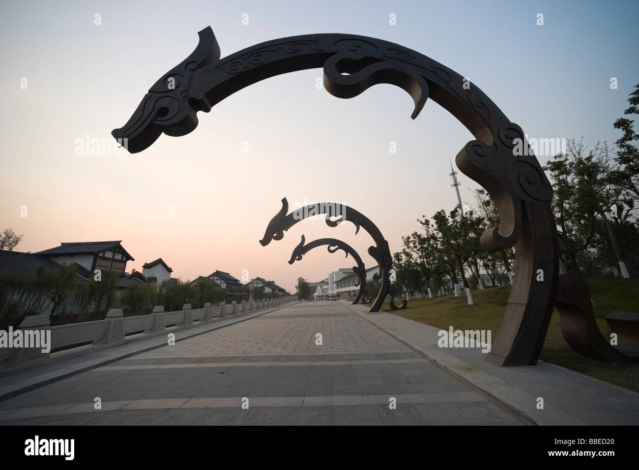 Dragon Scultpures over Pathway, Yancheng Remains, Wujin District ...