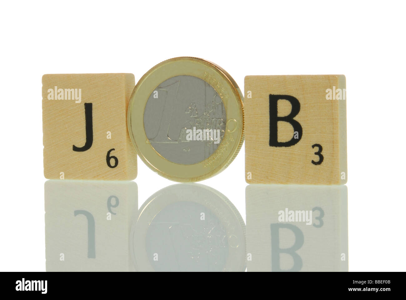 Euro coin between two lettered Scrabble pieces spelling the word JOB ...