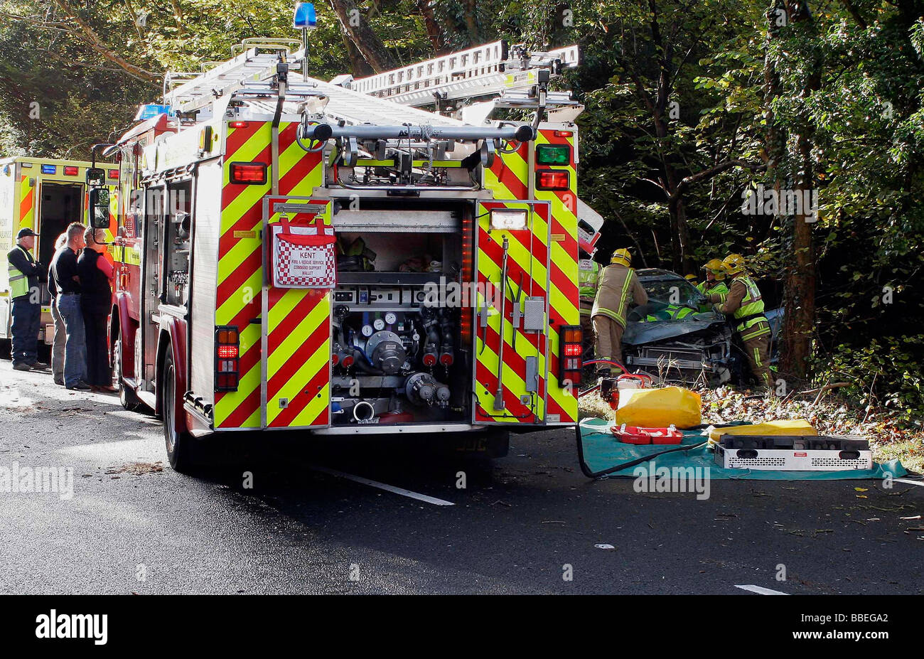 TRANSPORT Road Cars Fire brigade emergency service tender attending the ...