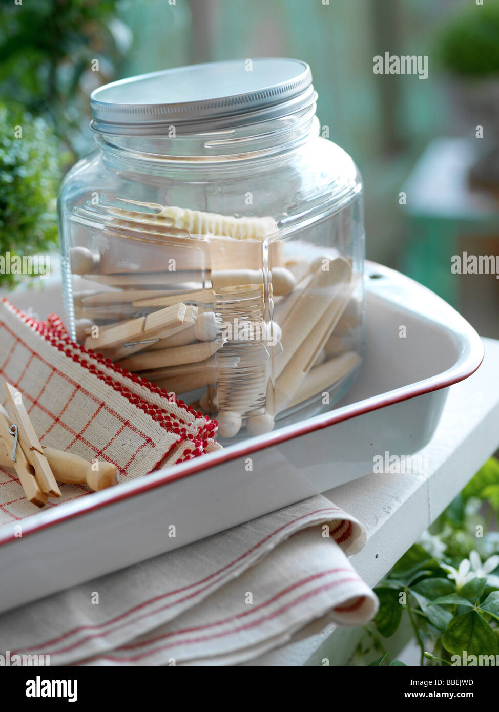 Glass Jar of Clothes Pegs Stock Photo - Alamy