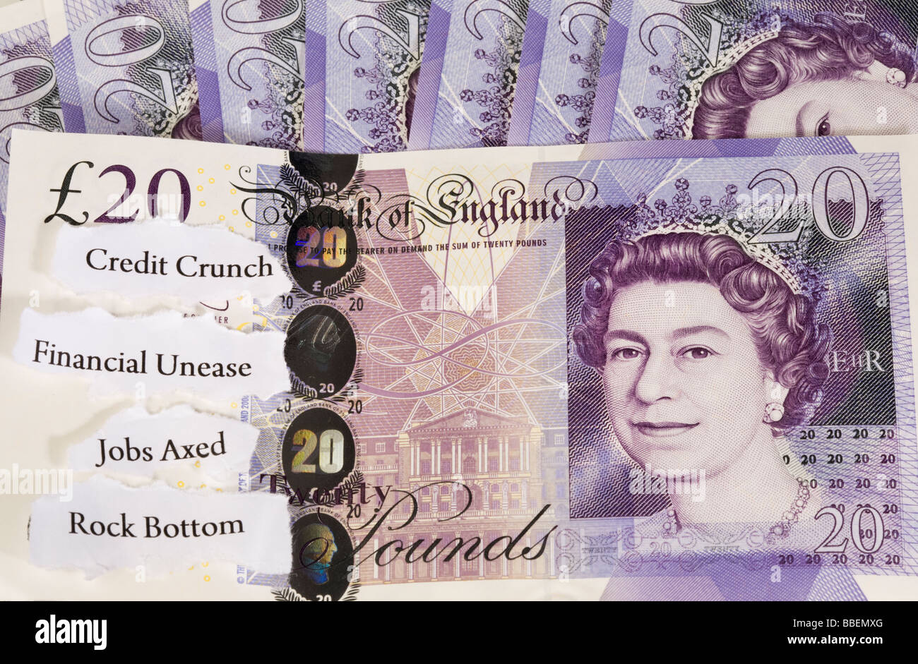 Twenty pound notes with recession issues Stock Photo - Alamy