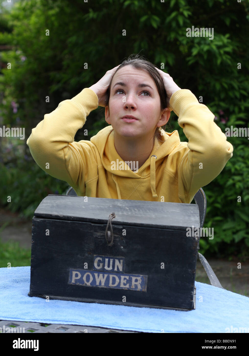 Young woman with gunpowder box (empty Stock Photo - Alamy