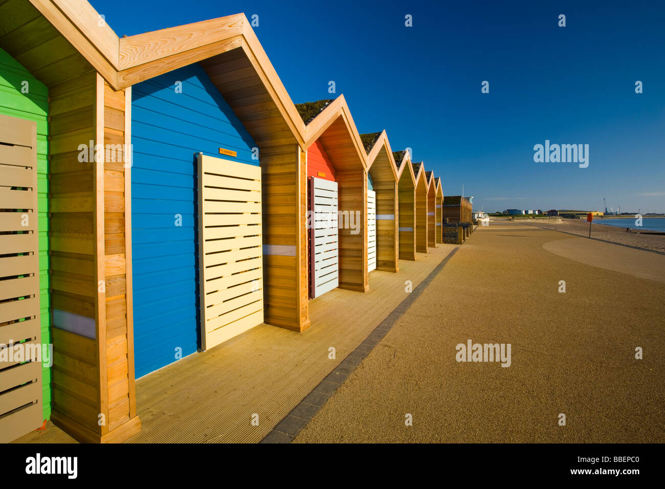 England, Northumberland, Blyth. New colourful beach huts on the ...