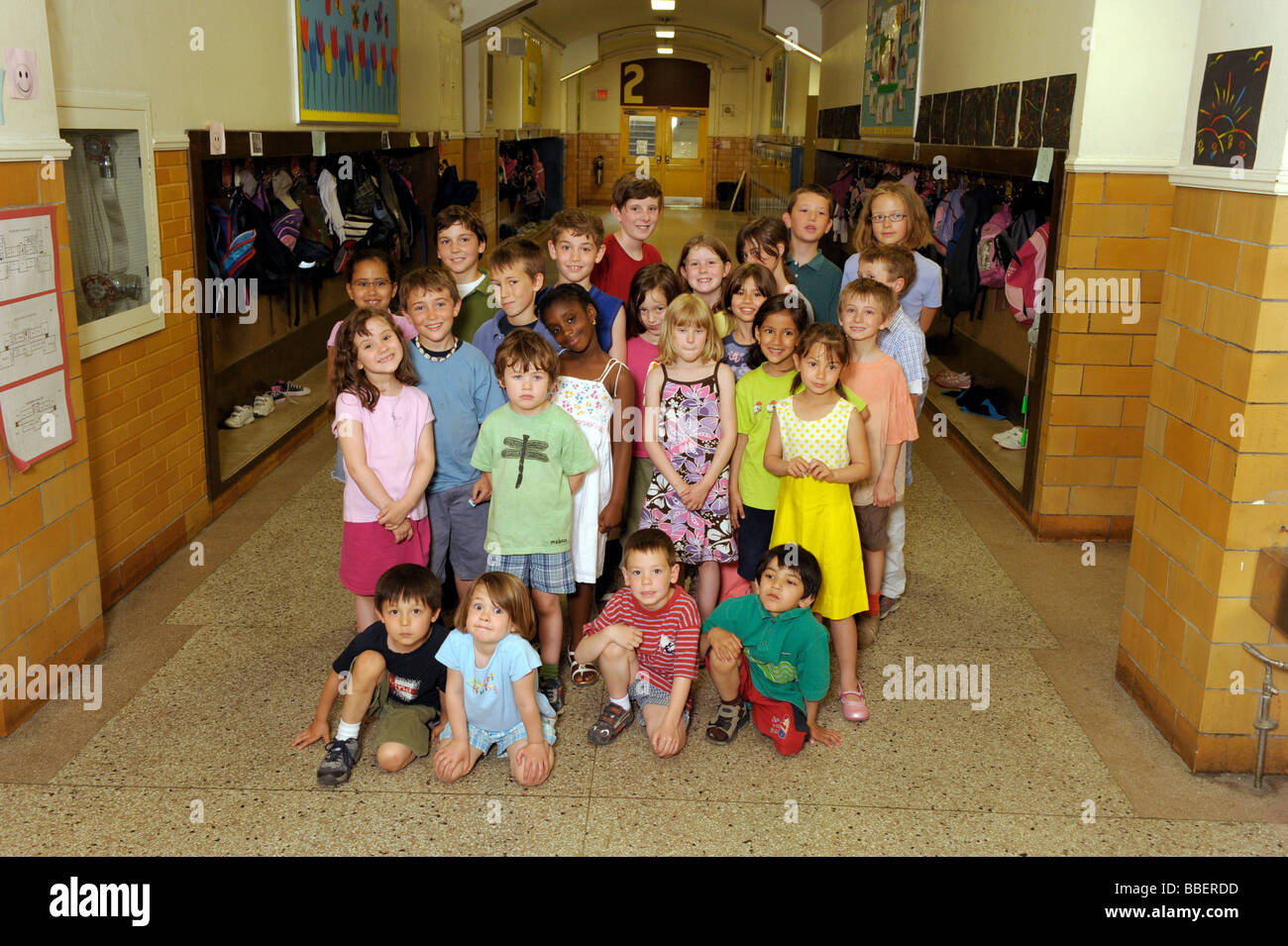Class of Elementary School Kids in Hallway Stock Photo - Alamy