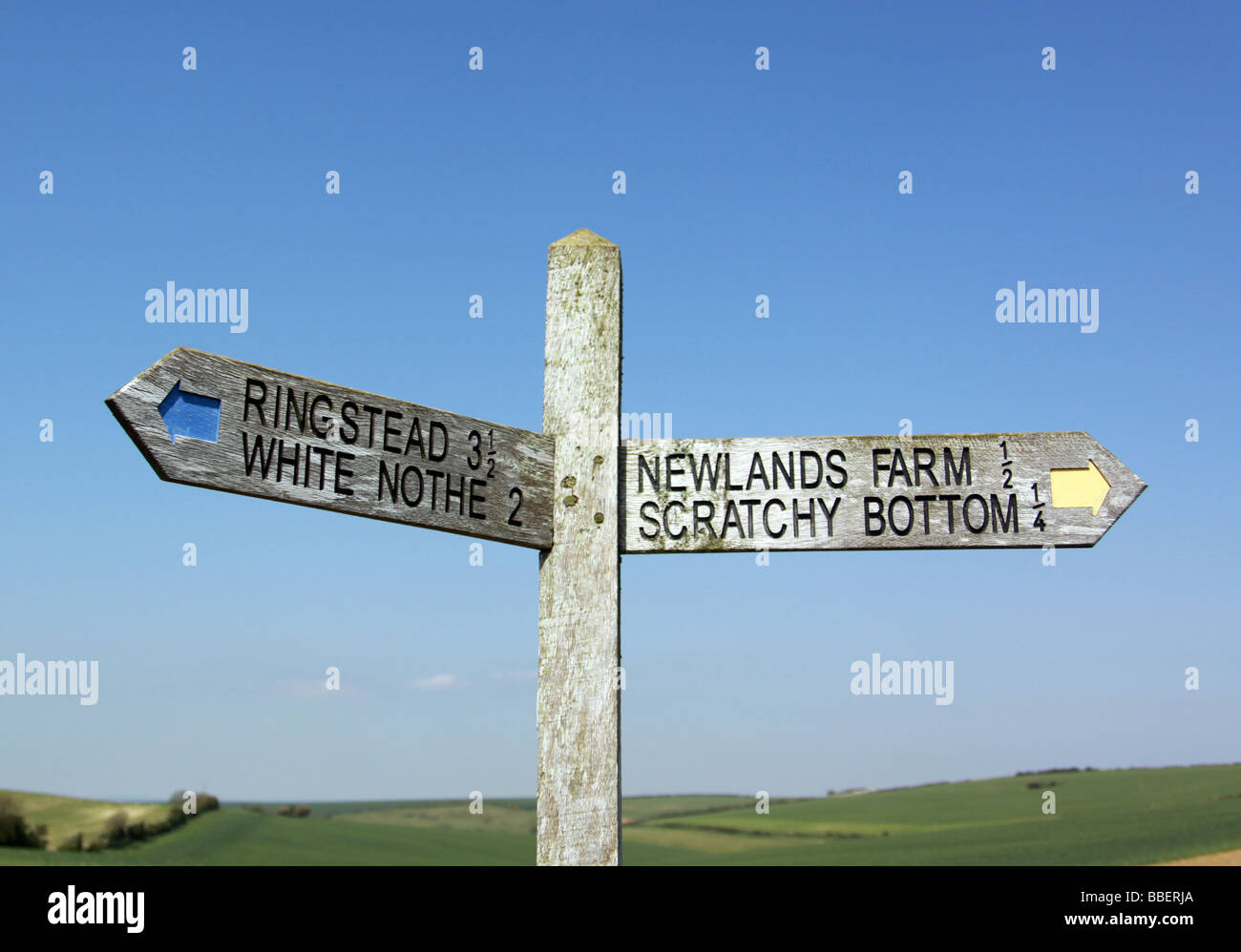 Signs leading to Dorset landmarks on the Purbeck Hills Stock Photo - Alamy