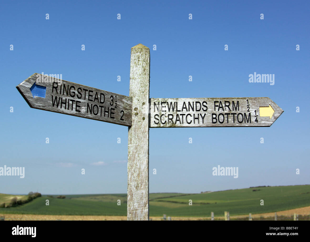 Signs leading to Dorset landmarks on the Purbeck Hills Stock Photo - Alamy